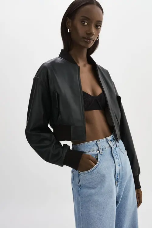 LAMARQUE Evelin Cropped Faux Leather Bomber Jacket - Black
