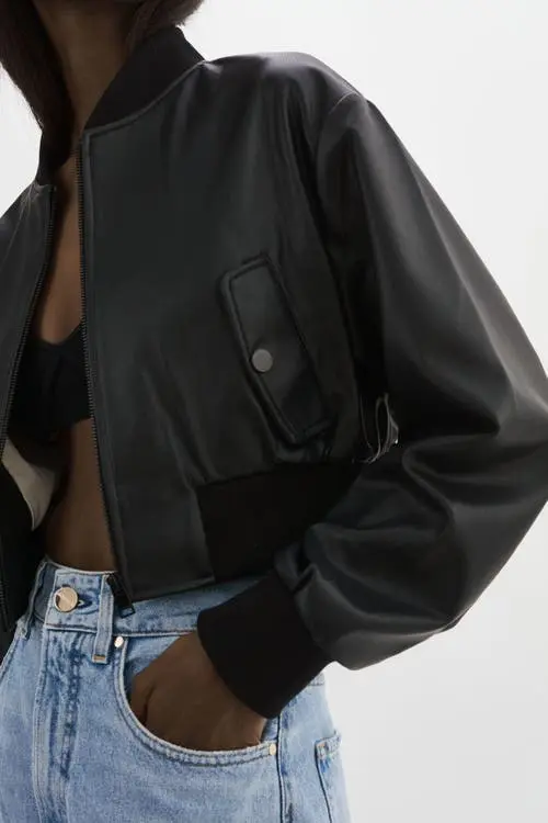 LAMARQUE Evelin Cropped Faux Leather Bomber Jacket - Black