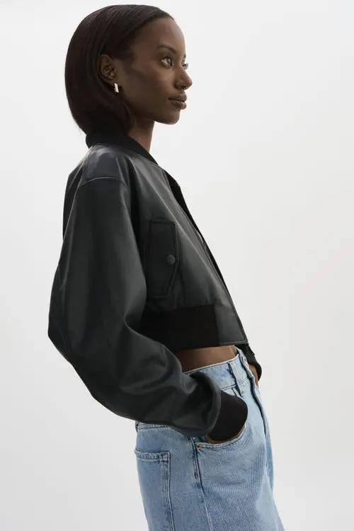 LAMARQUE Evelin Cropped Faux Leather Bomber Jacket - Black