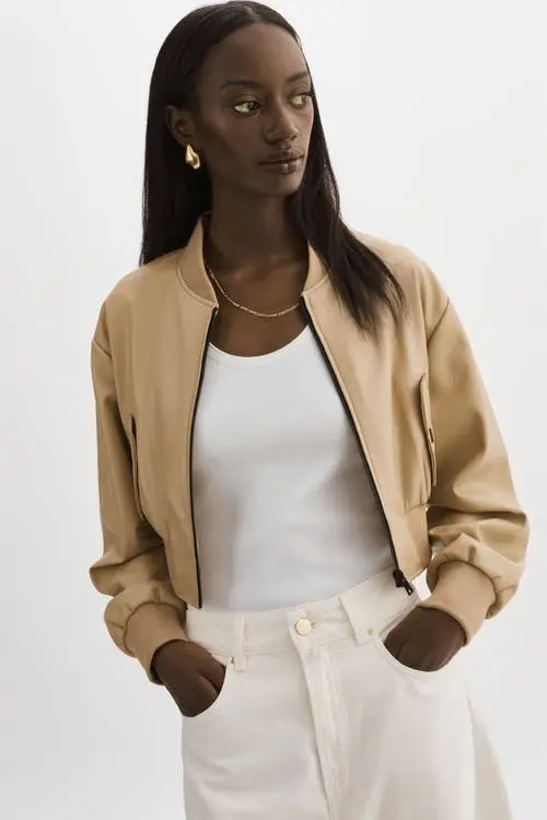 LAMARQUE Cropped Faux Leather Bomber Jacket - Wheat