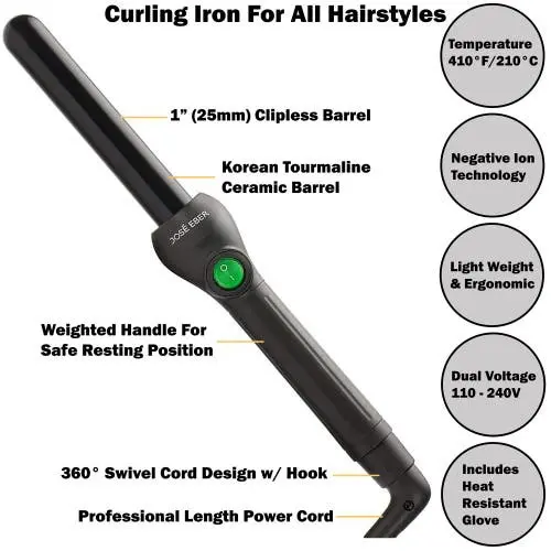 JOSE EBER Clipless Curling Iron 1" Ceramic Barrel