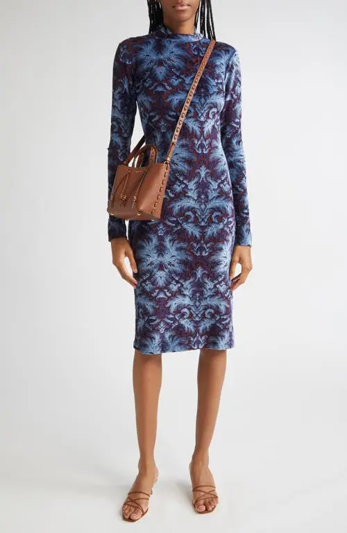 Etro Paisley Burnout Long Sleeve Jersey Dress - Multicolor Blue Base