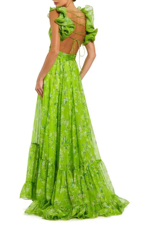 Mac Duggal Tiered Floral Chiffon Gown - Sage Multi