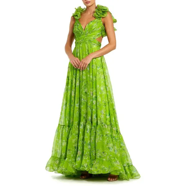 Mac Duggal Tiered Floral Chiffon Gown - Sage Multi