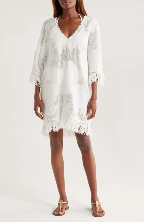 Farm Rio Floral Appliqué Sheer Cotton Blend Cover-up Sundress - White