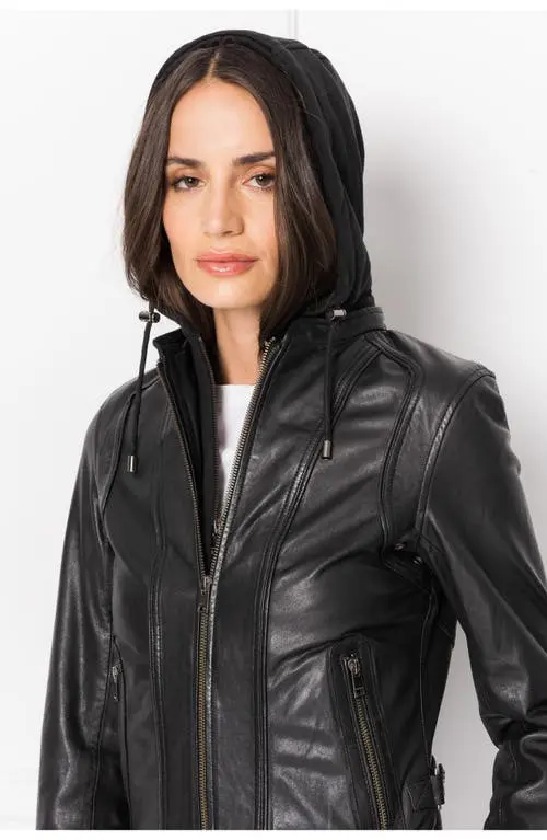 LAMARQUE Arlette Leather Biker Jacket With Removable Hood - Black