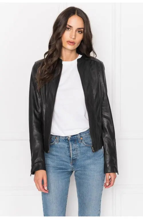 LAMARQUE Arlette Leather Biker Jacket With Removable Hood - Black