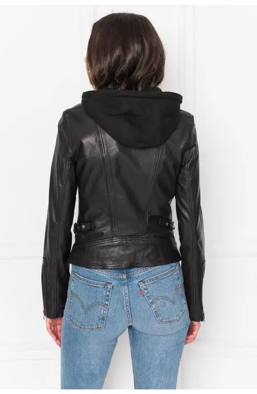 LAMARQUE Arlette Leather Biker Jacket With Removable Hood - Black