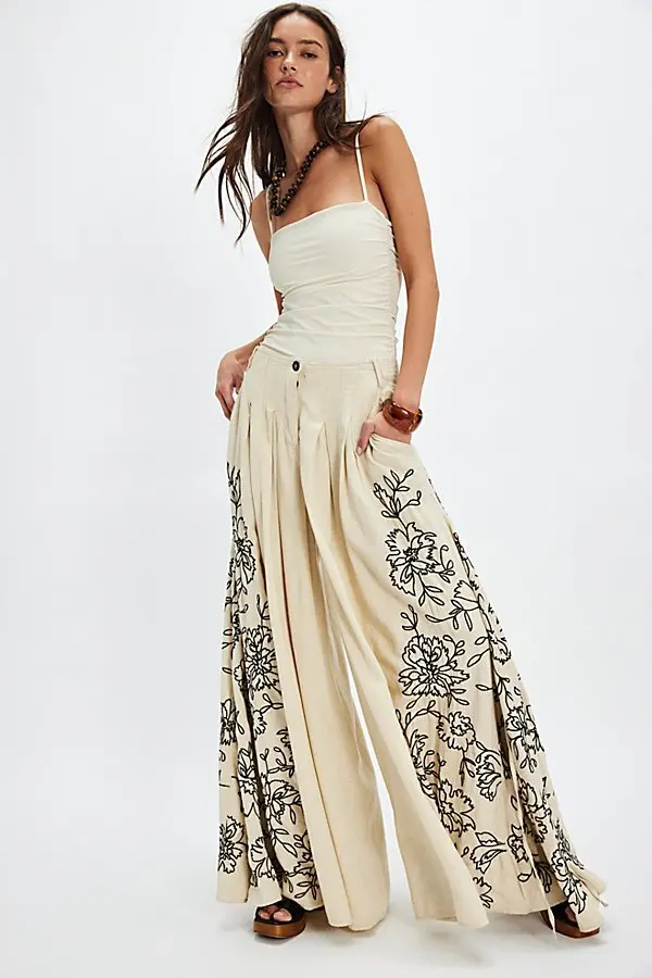 Free People Embroidered Wide-leg Trousers