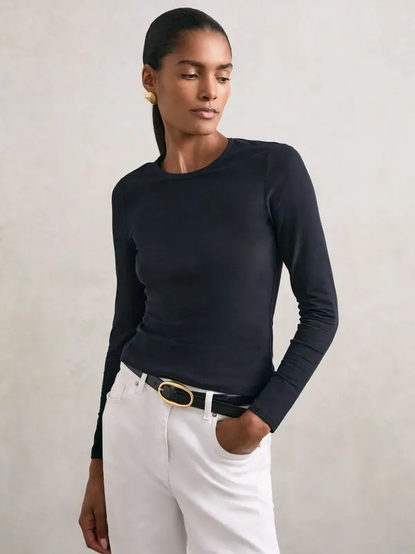 REISS Cotton Crew-neck Long-sleeve T-shirt - Black
