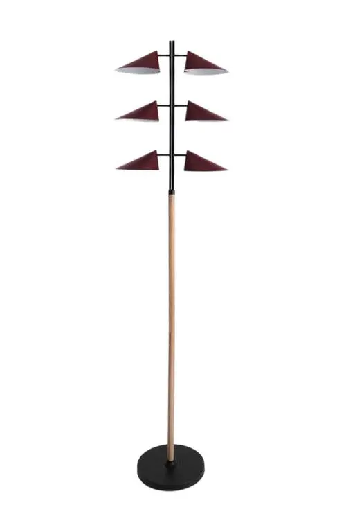 BRIGHTECH Ivo 65" Japandi-inspired Floor Lamp With Oak And Red Accent - Matte Black