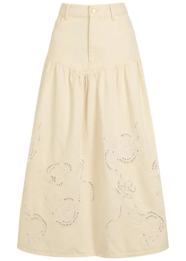GANNI Embroidered Denim Midi Skirt