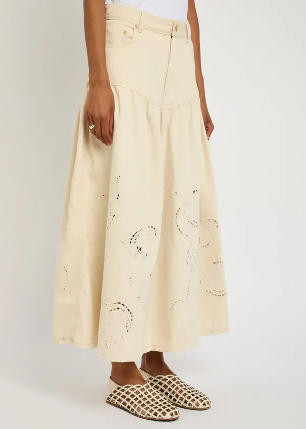 GANNI Embroidered Denim Midi Skirt