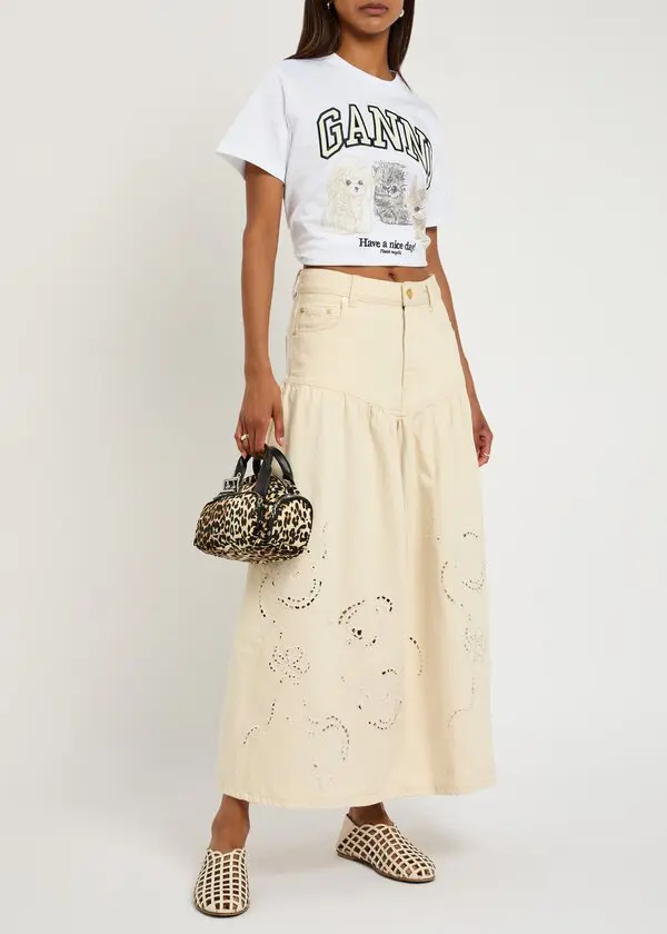 GANNI Embroidered Denim Midi Skirt