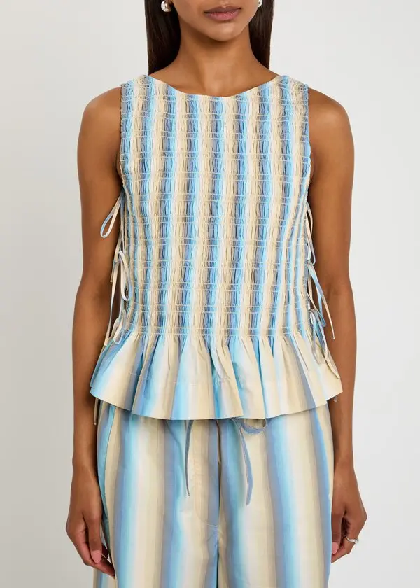 GANNI Ombre Stripe Smocked Cotton-poplin Top - Multicoloured