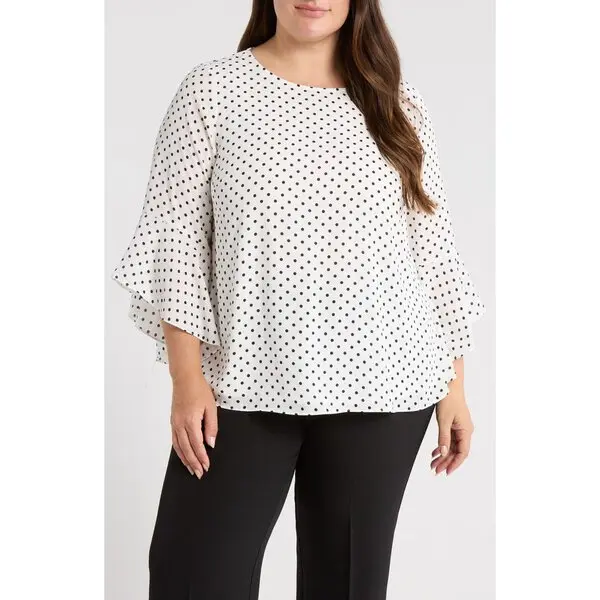 KASPER Ruffle Sleeve Top - White/ Black