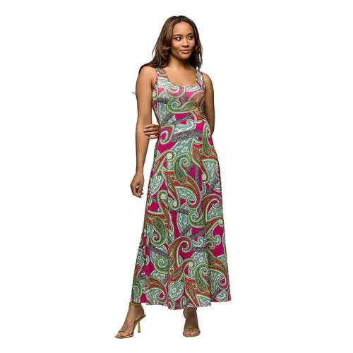 24SEVEN COMFORT APPAREL Maternity Paisley Print Sleeveless Maxi Dress - Pink Multi