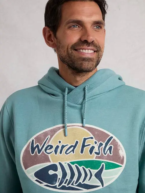 WEIRD FISH Bryant Graphic Popover Hoodie - Mineral Blue