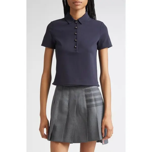 Thom Browne Milano Knit Cotton Polo With Anchor Embossed Buttons - Navy