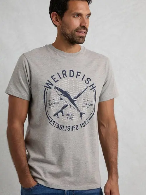 WEIRD FISH Hudson Front Print Branded T-shirt - Grey Marl