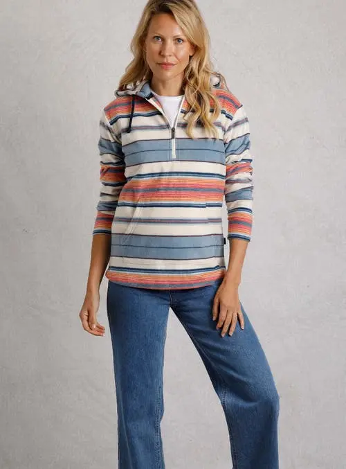 WEIRD FISH Lana 1/4 Zip Stripe Microfleece Hoodie - Ecru