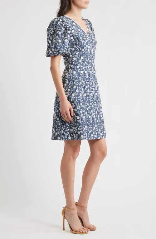 Eliza J Embroidered Puff Sleeve Sheath Dress In Denim - 50% Off |  Editorialist