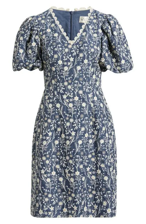 Eliza J Embroidered Puff Sleeve Sheath Dress In Denim - 50% Off |  Editorialist