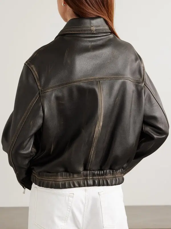 Nour Hammour Clint Oversized Paneled Distressed Leather Bomber Jacket