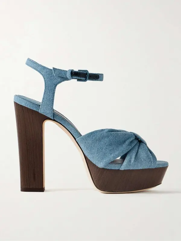 JIMMY CHOO Heloise 120 Knotted Denim Platform Sandals - Light Denim