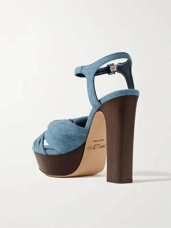 JIMMY CHOO Heloise 120 Knotted Denim Platform Sandals - Light Denim