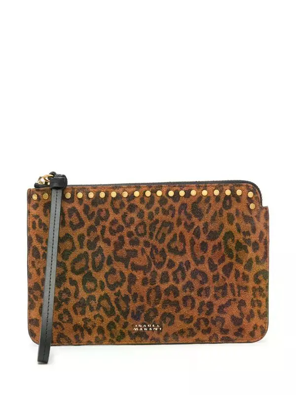 Isabel Marant Étoile Oskan Studded Leopard Print Leather Wristlet - Brown