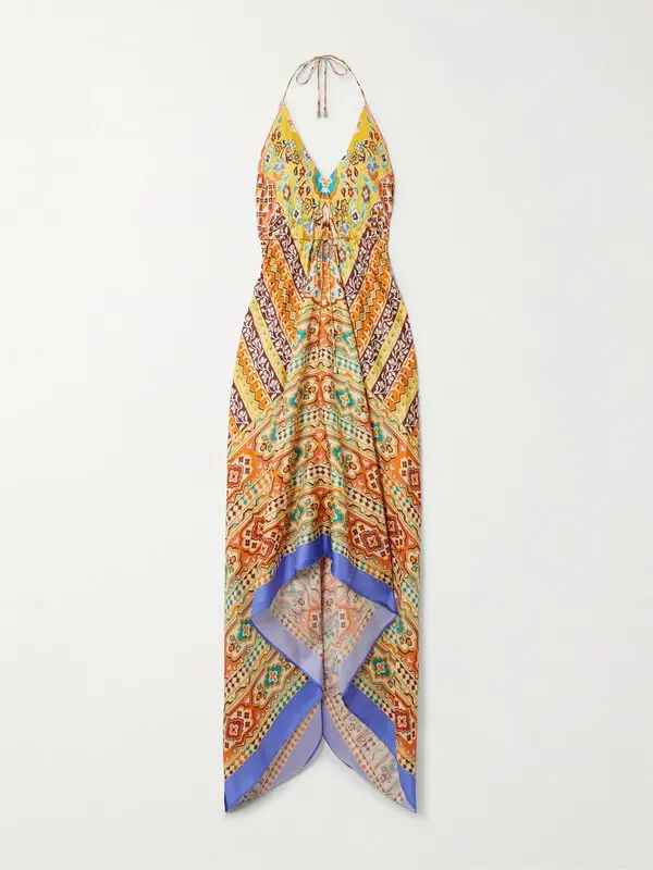 Etro Floral-print Asymmetric Silk-twill Halterneck Dress