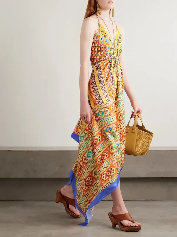 Etro Floral-print Asymmetric Silk-twill Halterneck Dress