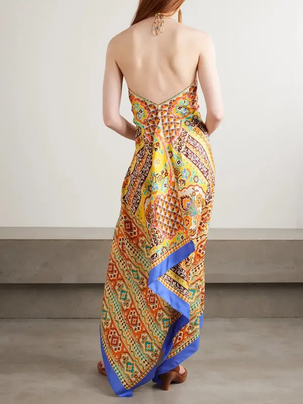 Etro Floral-print Asymmetric Silk-twill Halterneck Dress
