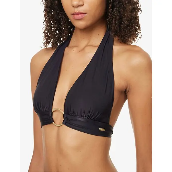 Tala Halter Plunge Ring Bikini Top Black Editorialist