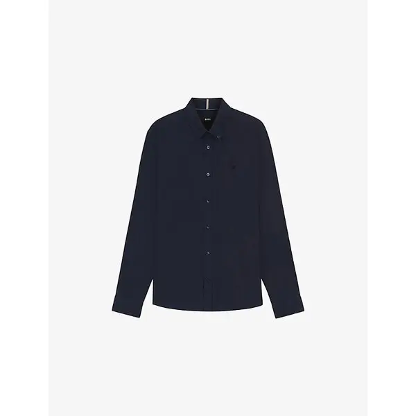BOSS Logo-embroidered Slim-fit Linen Shirt - Dark Blue
