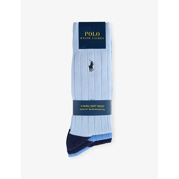 Ralph Lauren Logo-embroidered Crew Socks Pack Of 3 - Lt Blue/navy