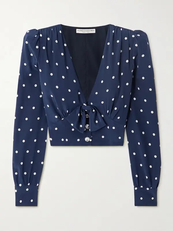Alessandra Rich Crystal-embellished Polka-dot Silk-crepe Blouse - Blue