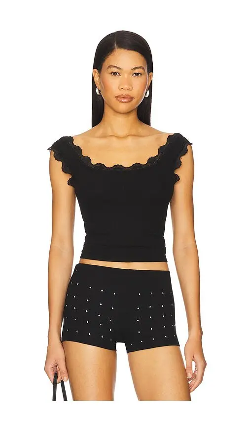 Lna Cassidy Lace Trimmed Ribbed Tank - Black