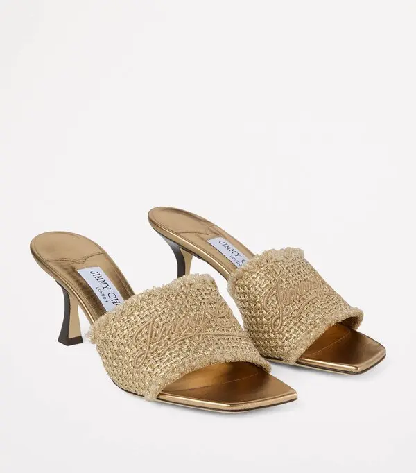 JIMMY CHOO Alexia Heeled Raffia Mules - Gold