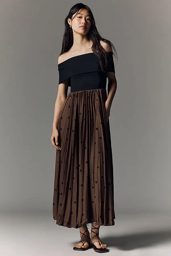 HUTCH Off-the-shoulder Midi Dress - Brown Canvas