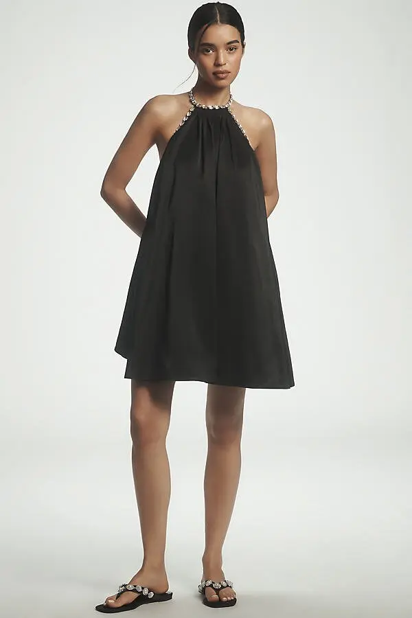 Jasmine Elaine Pleated Halter Mini Dress In Black - 36% Off | Editorialist