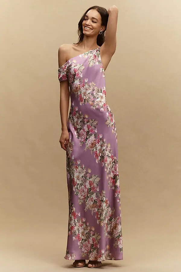 Bhldn Sienna Off-the-shoulder Satin Maxi Dress - Mulberry Cascading Blooms