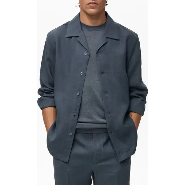 Mango Long Sleeve Linen Camp Shirt - Petrol Blue