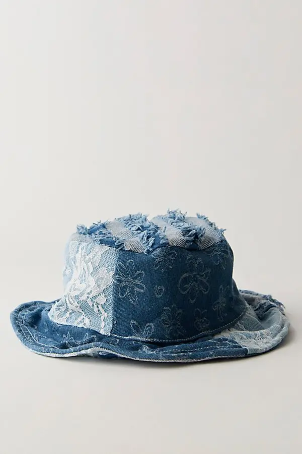NEW Free People Distressed Denim Bucket Hat Distressed Denim Bucket Hats Frayed Jean Ripped Hole Fringe  main image 3