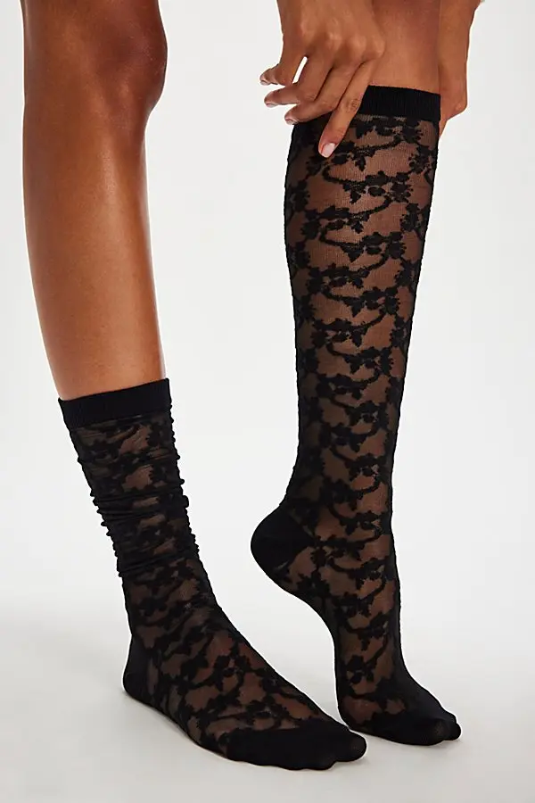 Free People Amour Lace Knee High Socks - Black