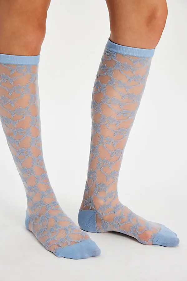 Free People Amour Lace Knee High Socks - Ice Blue
