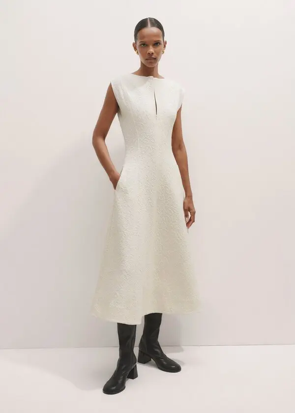 cream jacquard midi dress Cream Jacquard Print Midi Dress  Mint Velvet