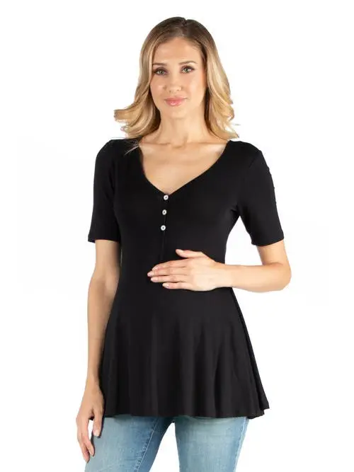 24SEVEN COMFORT APPAREL Maternity Elbow Sleeve Tunic Top With Button Detail - Black