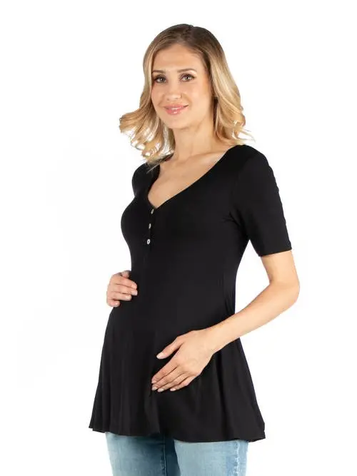 24SEVEN COMFORT APPAREL Maternity Elbow Sleeve Tunic Top With Button Detail - Black